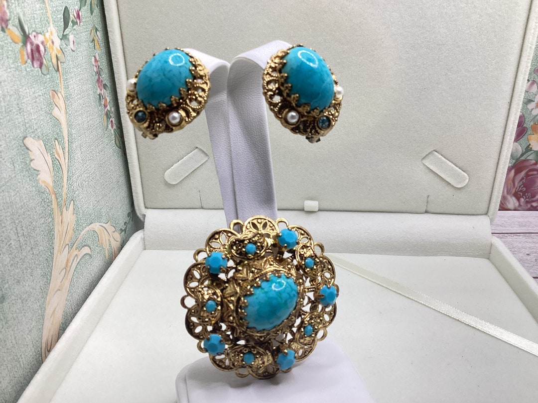 Vintage West Germany Turquoise Rhinestone Faux Pearl Gold Filigree ...