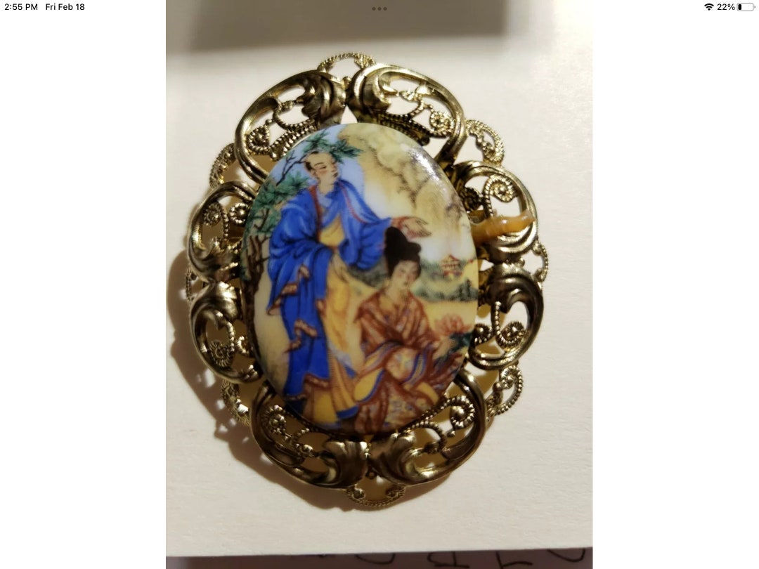 Vintage Asian Oriental Man & Woman Scenic Motif M Wac Metal Pin Brooch ...