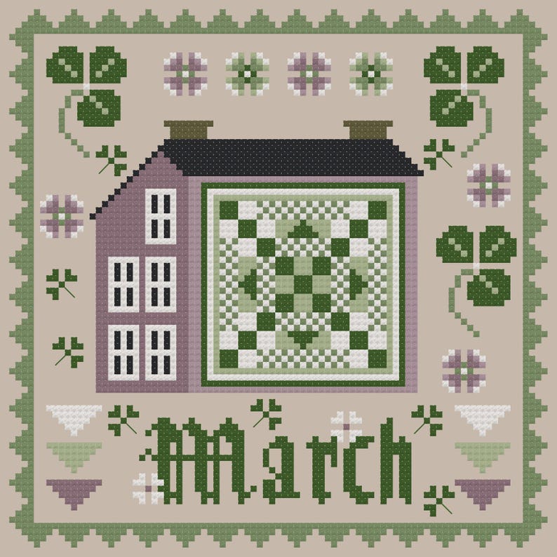 March Patchwork Saltbox Series Cross Stitch Chart Digital Pattern - Etsy