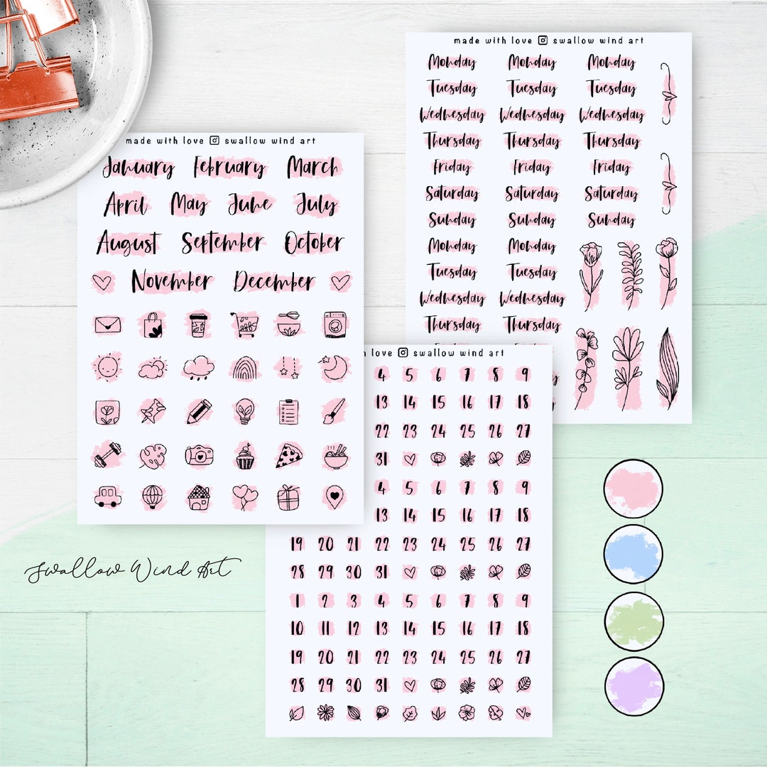 Month, Week & Date Sticker Sheet Pack - Set of 3 Planner Stickers ...