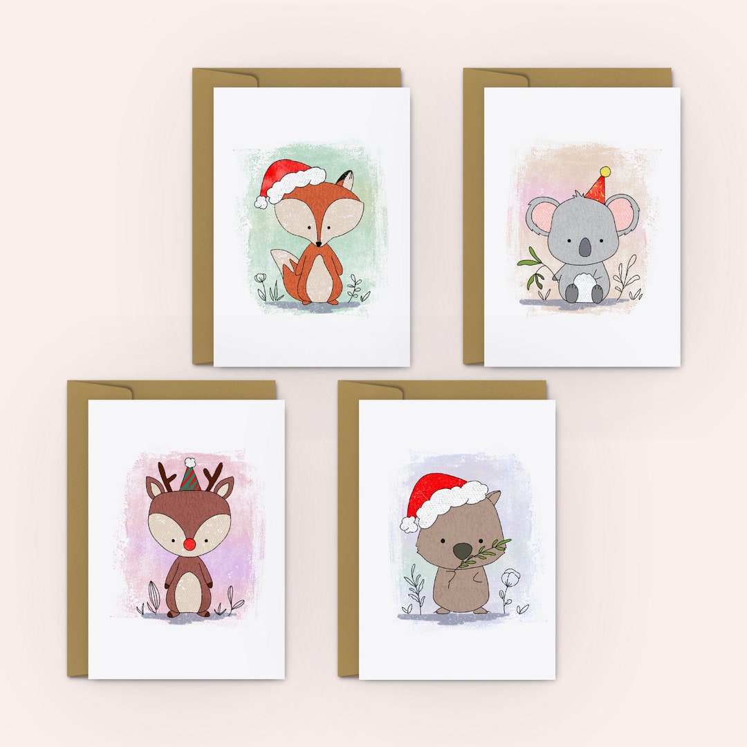 Cute Animals Christmas Cards Christmas Card Pack Set of 4 Christmas ...