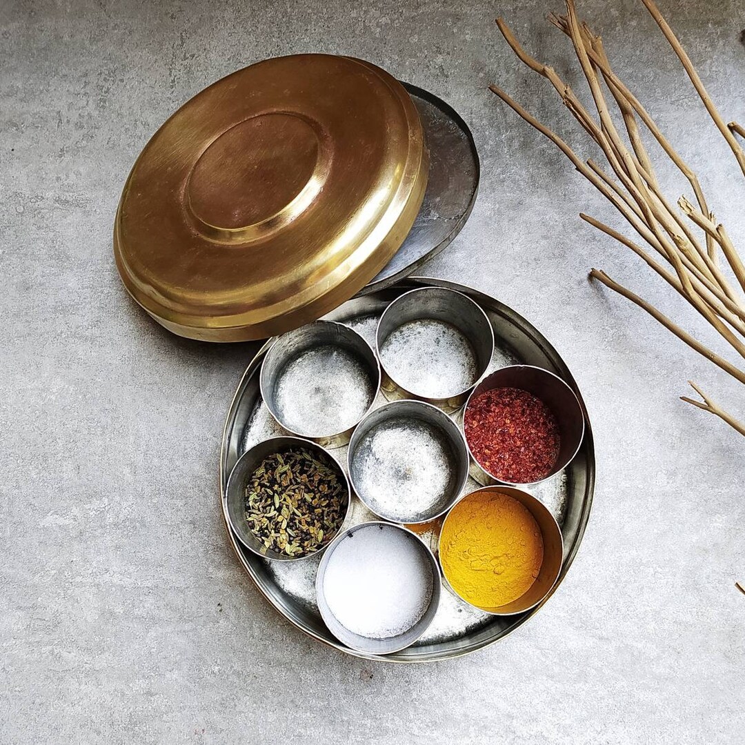 Vintage Round Brass Condiment | Spice Box With Lid and 7 Spice ...