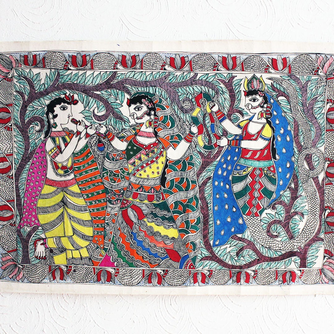 Madhubani Painting of Lord Krishna With Village Belles Painted on Hand ...