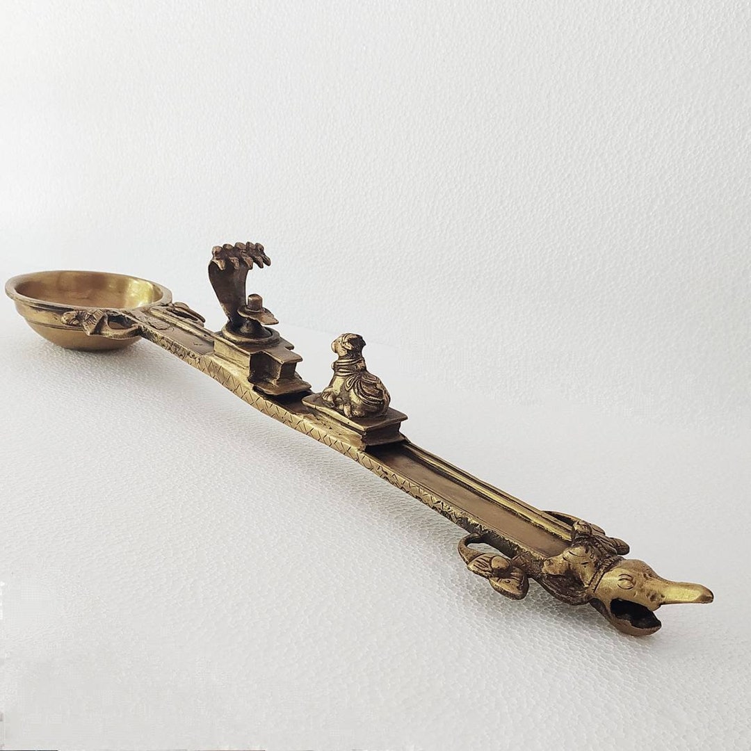 Majestic Brass Ritual Spoon or Uddharani With Nandi and Shiva Linga L ...