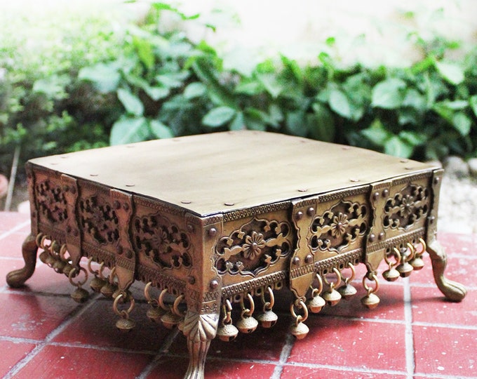 Vintage Brass Square Chowki Stool With Brass Ghungroos Bells, L 28 Cm X ...