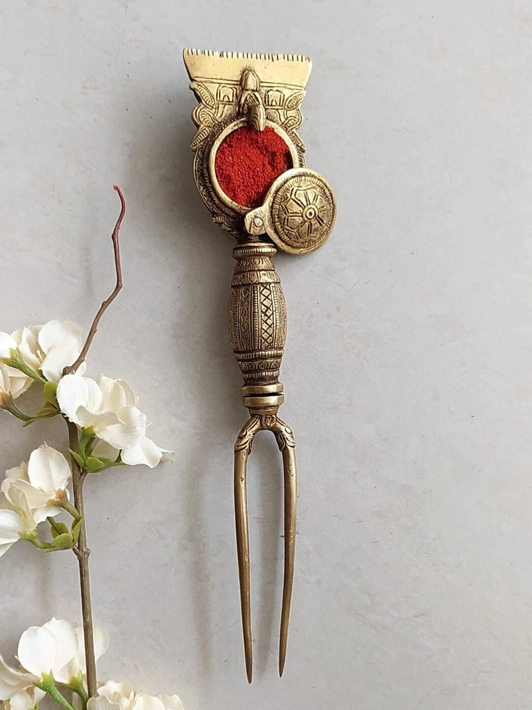 Vintage Brass Surma Dani, Ornate Brass Sindhoor Holder, Length 26 Cm X ...
