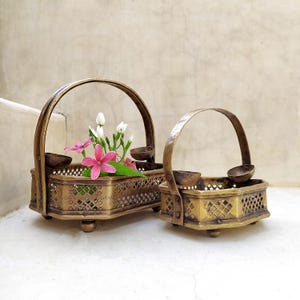 Pair of Traditional Vintage Brass Flower Baskets, Poola Sajja, L 16 Cm ...