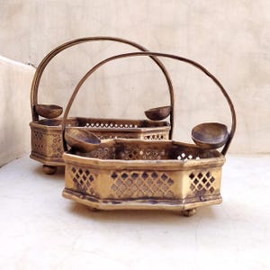 Pair of Traditional Vintage Brass Flower Baskets, Poola Sajja, L 16 Cm ...