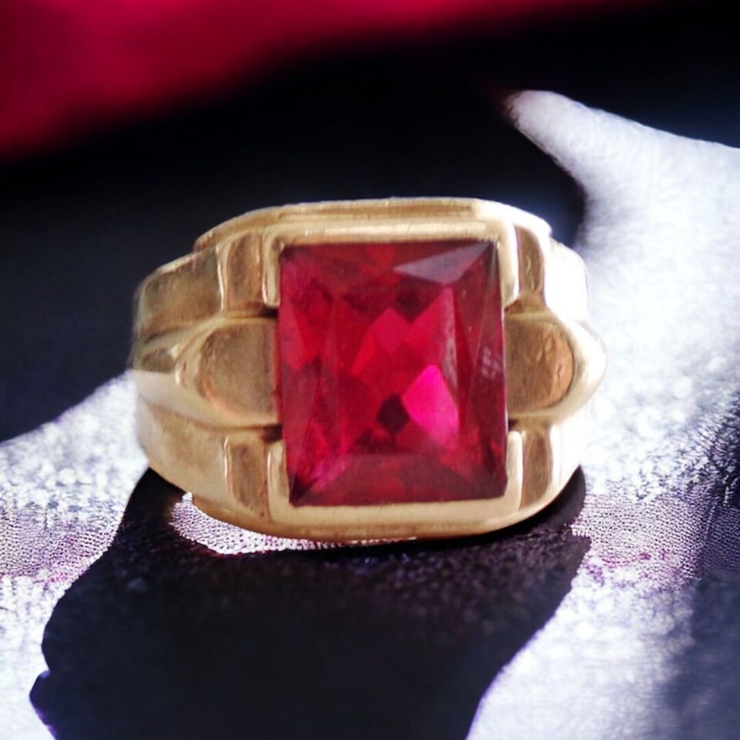 Men's 5ct. Emerald-cut Ruby Solitaire Ring in 14K Yellow Gold - Etsy