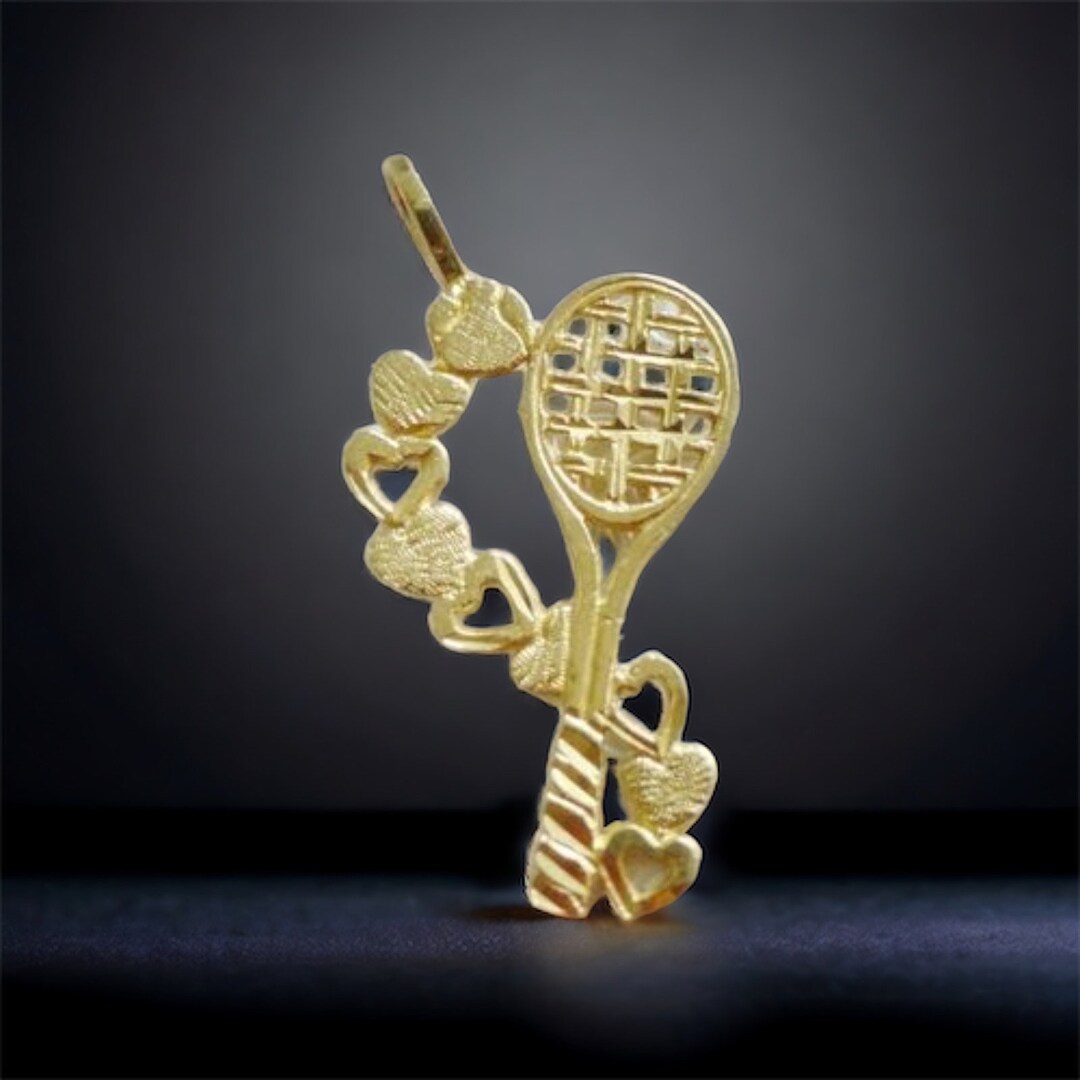 Vintage Tennis Racket & Swirling Hearts Charm Pendant Ladies 14K Yellow ...