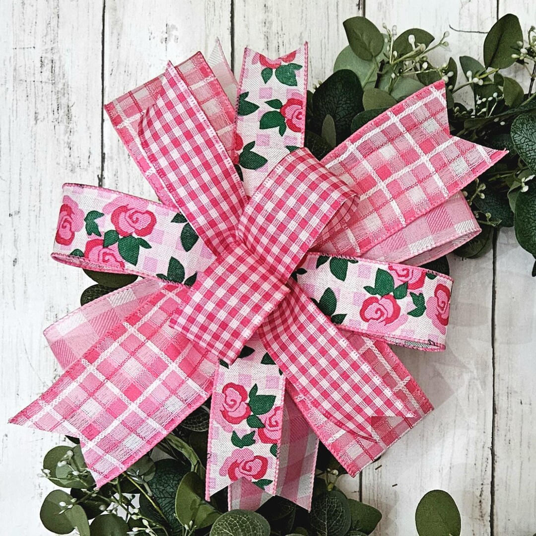 Rose Bow for Wreath, Pink Bow, Spring Wreath Bow, Floral Bow, Checkered ...