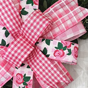 Rose Bow for Wreath, Pink Bow, Spring Wreath Bow, Floral Bow, Checkered ...