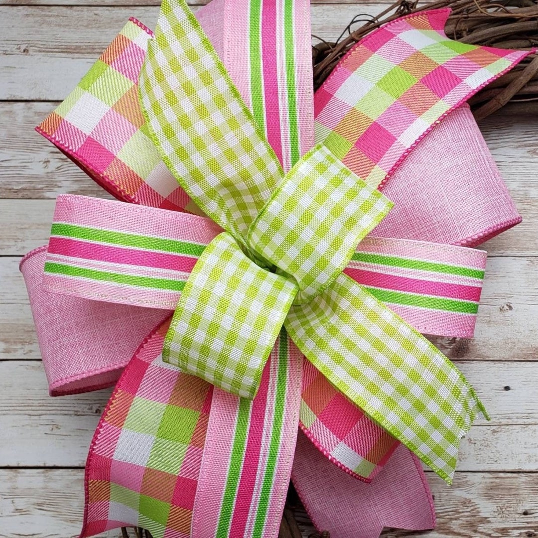 Spring Wreath Bow, Summer Bow for Wreath, Pink Bow, Green Bow, Plaid ...