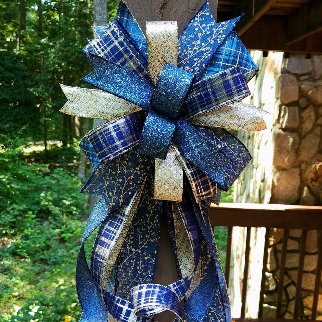 Christmas Tree Topper Bow, Blue and Gold Bow, Front Door Bow, Mailbox ...