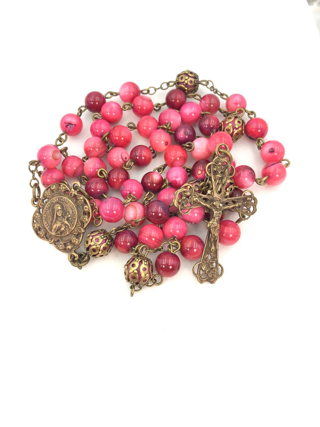 Rosary, Pink River Shell and Bronze Beaded Rosary - Etsy