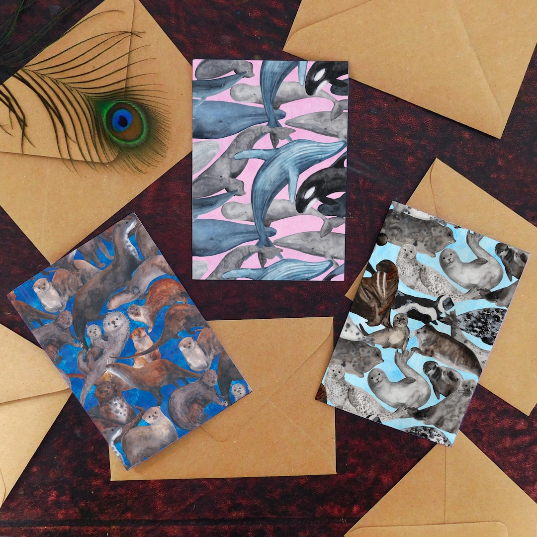Marine Mammals Greetings Card Pack - Set of 3 Print Greetings Cards ...