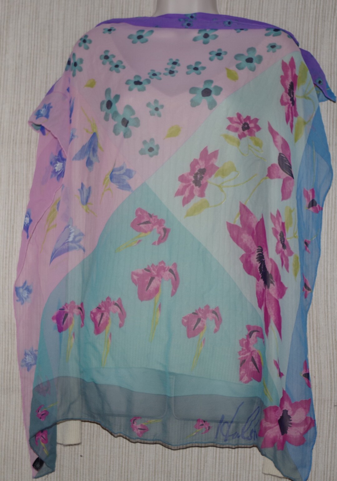 Halston Silk Rectangle Color Block Floral Blue Pink Signature Scarf 31 ...