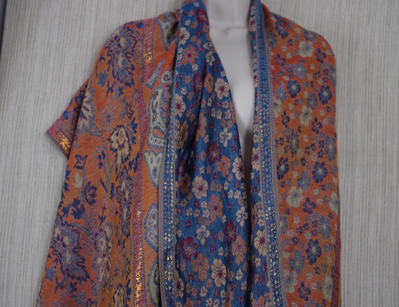 Pashmina 100% Pashmina Blue Orange Floral Metallic Wr… - Gem