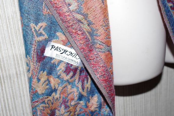 Pashmina 100% Pashmina Blue Orange Floral Metallic Wr… - Gem