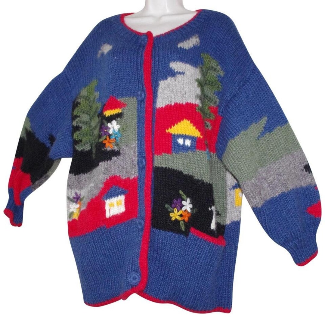 Inkantate Hand Knit Wool Multi Colored Sweater Floral Heavy Cardigan ...