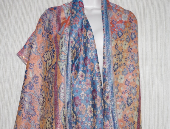 Pashmina 100% Pashmina Blue Orange Floral Metallic Wr… - Gem