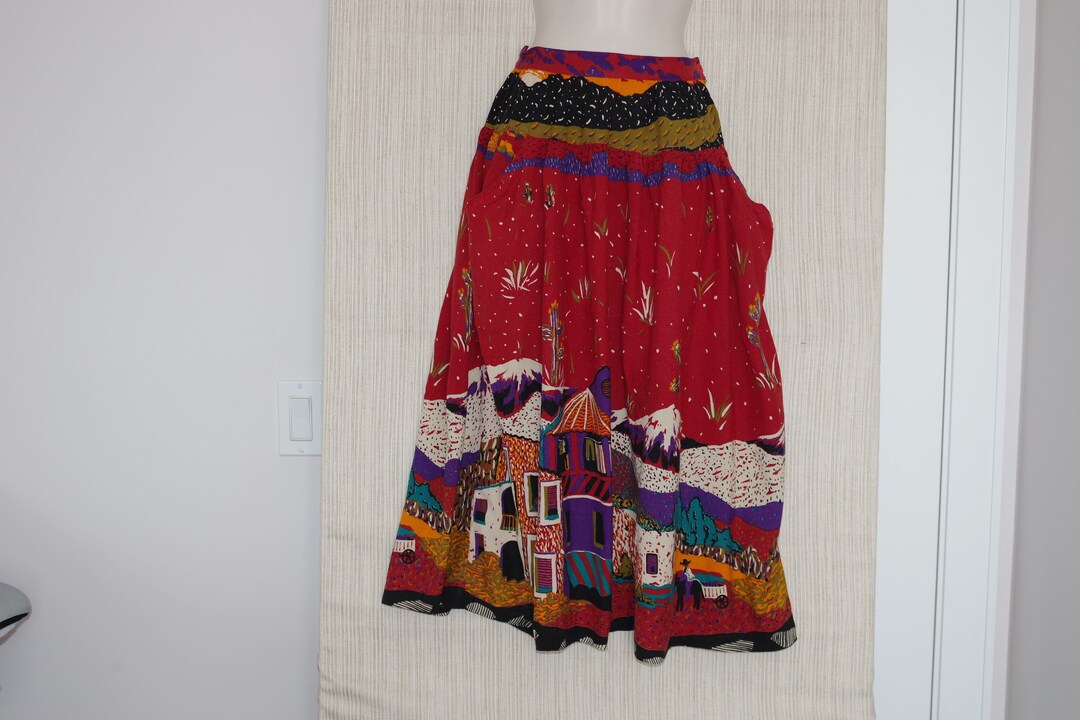 Anne Pinkerton Multi Color Vintage Art Midi Pockets Skirt Size 10 Waist ...