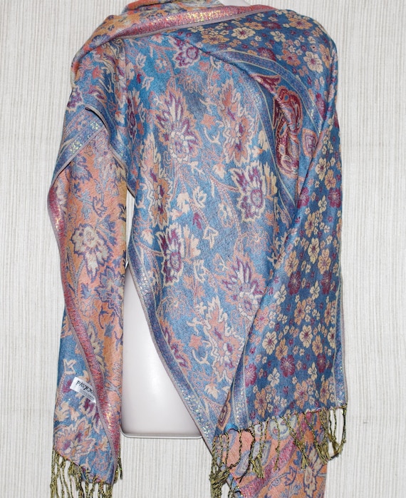 Pashmina 100% Pashmina Blue Orange Floral Metallic Wr… - Gem