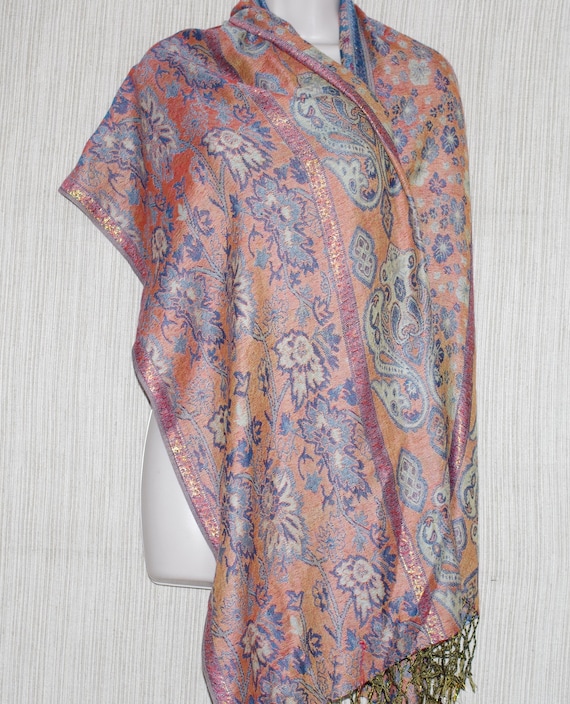 Pashmina 100% Pashmina Blue Orange Floral Metallic Wr… - Gem