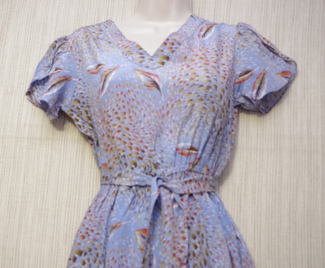 Hand Made Silk Blue Gray Feather Print Short Sleeve Dress Size:s - Etsy