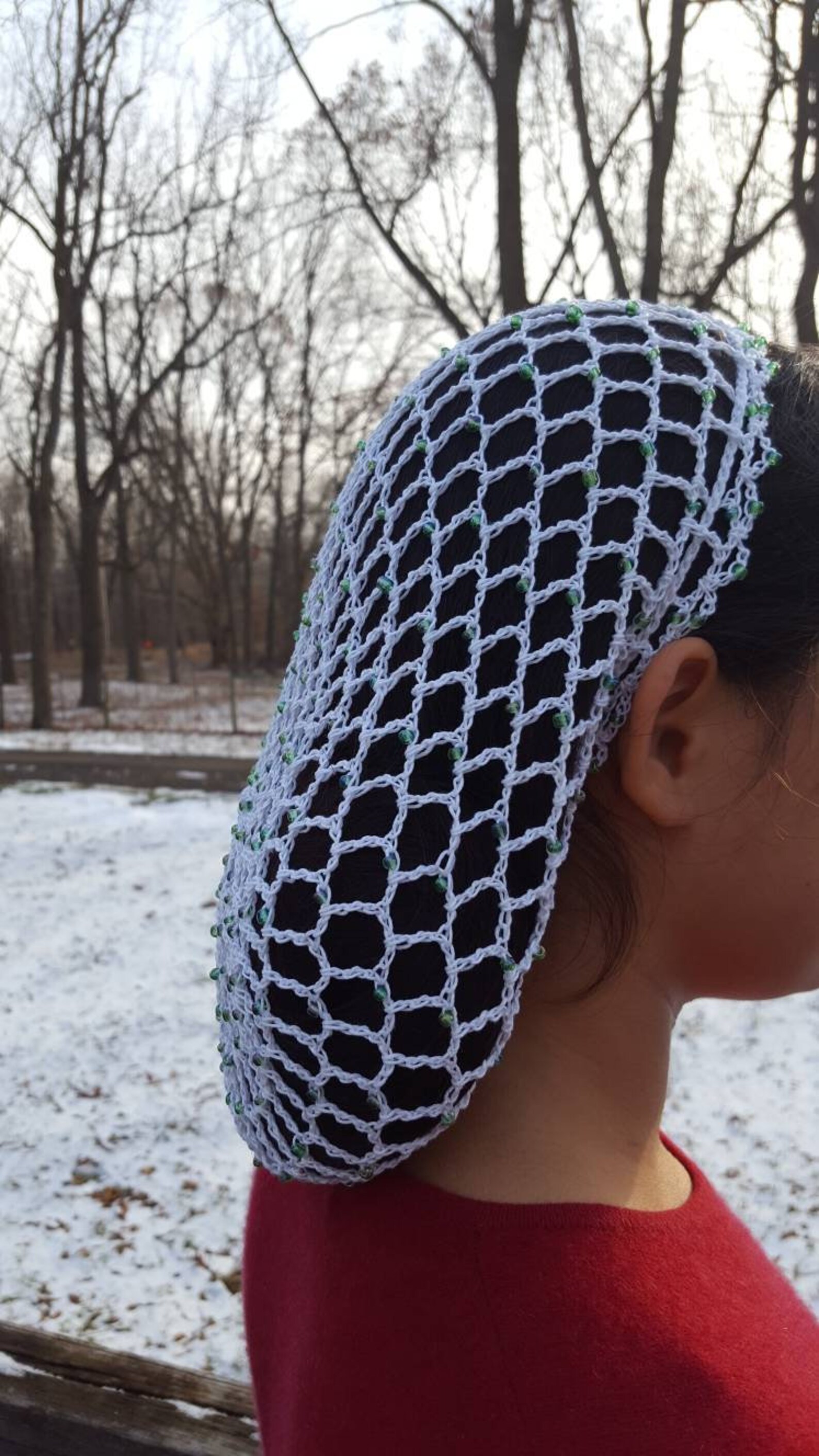 Beaded Cotton Snood, Crochet, White W/iridescent Green Glass Beads ...