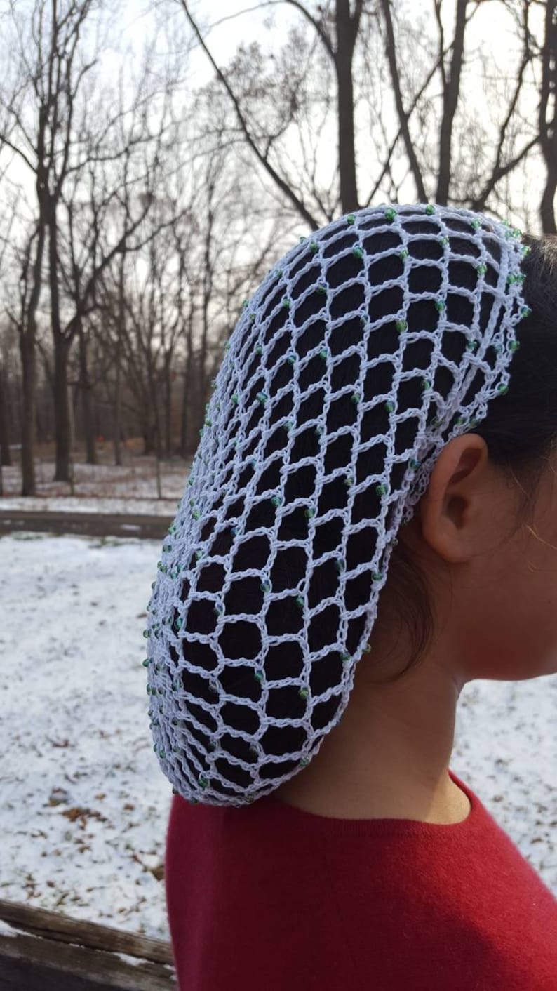 Beaded Cotton Snood, Crochet, White W/iridescent Green Glass Beads ...