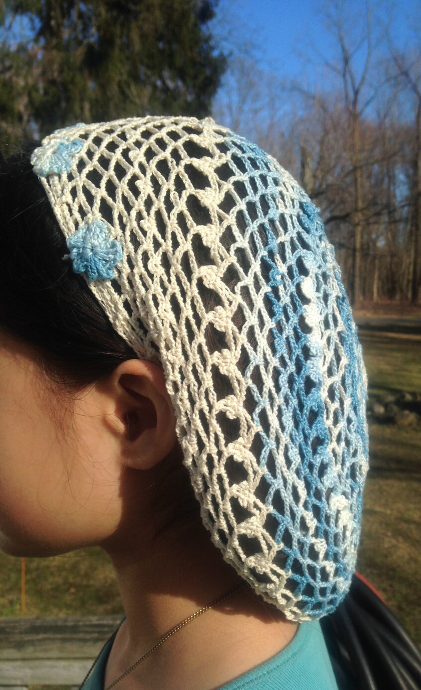 Blue & Ivory Cotton Snood, Flower Accent, Headcovering, Hair Net ...