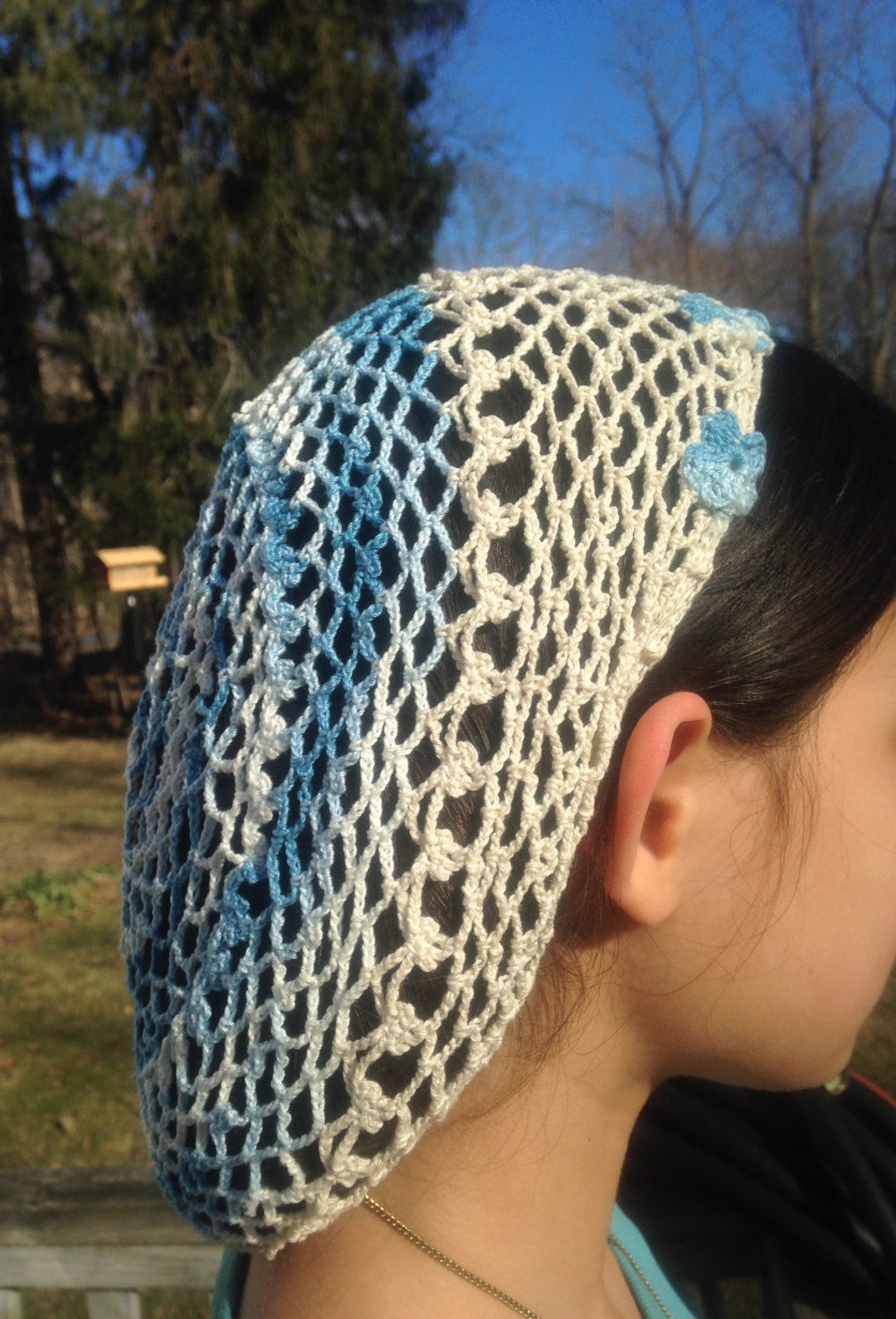 Blue & Ivory Cotton Snood, Flower Accent, Headcovering, Hair Net ...