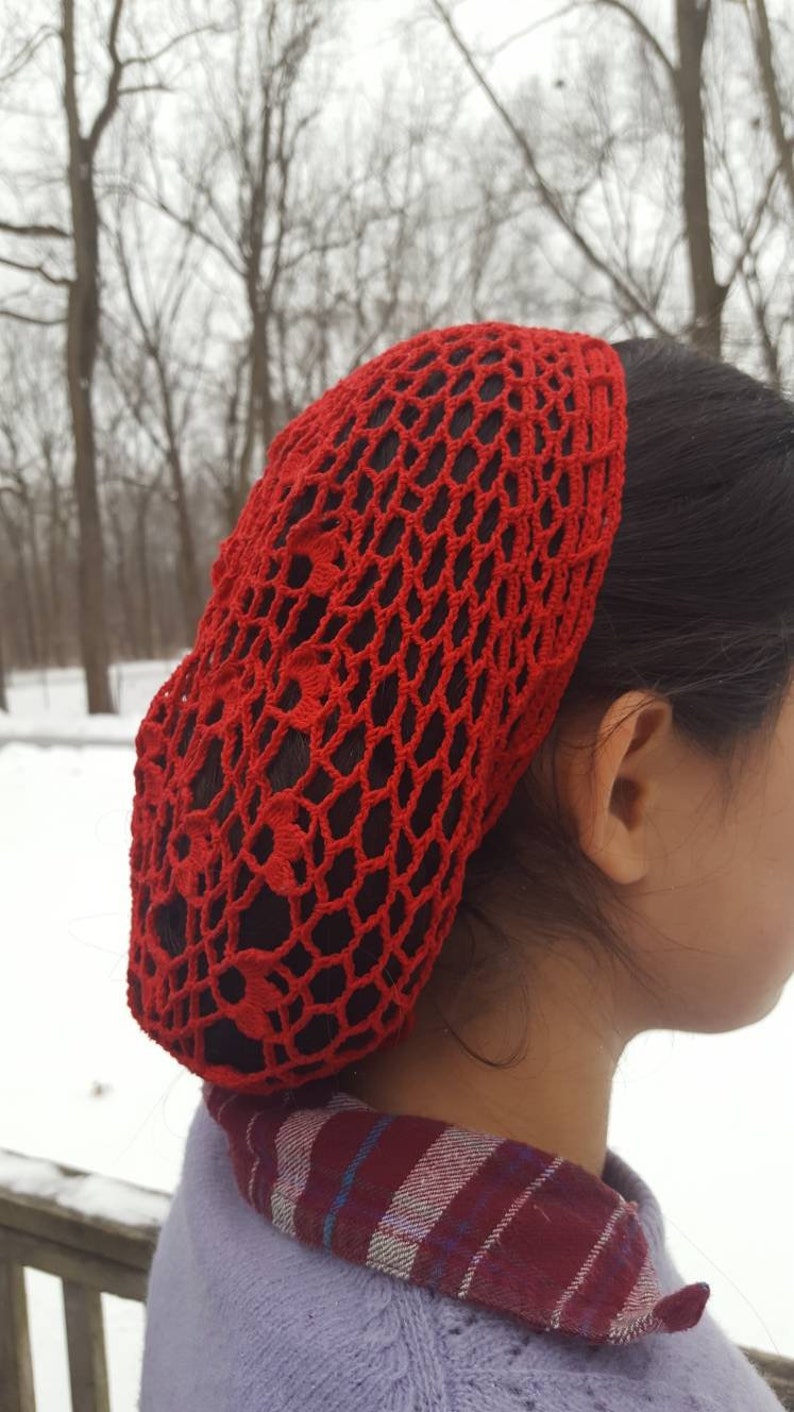 Red Floral Cotton Snood, Crochet Headcovering, Vintage 1940's Style ...