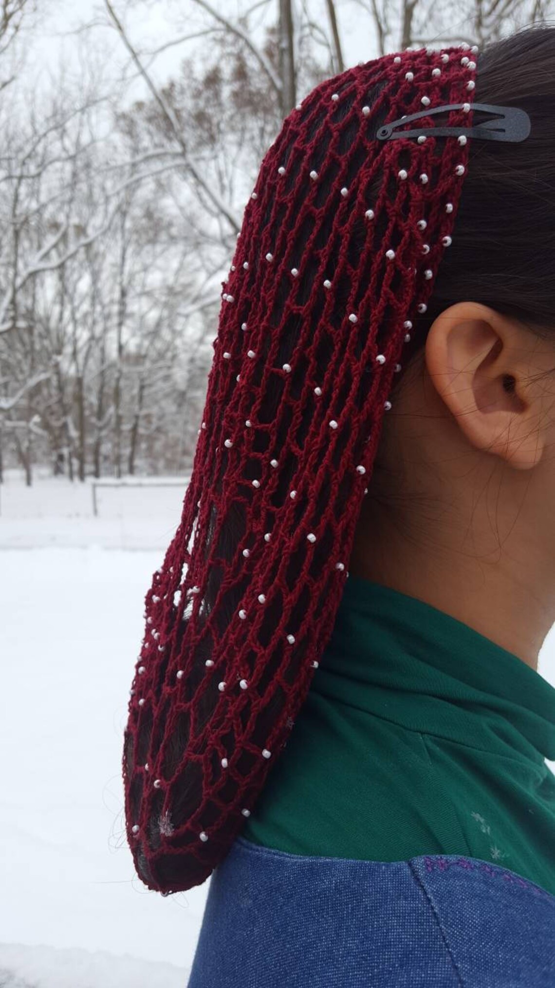 Crochet Glass Pearl Beaded Burgundy Cotton Snood, Renaissance, Vintage ...