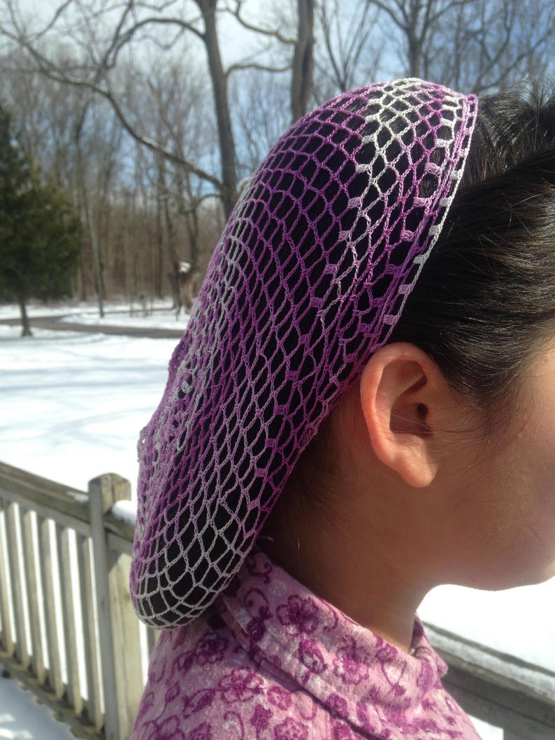 Lace Violet Cotton Snood, Purple & White Flower, Headcovering, Hair Net ...