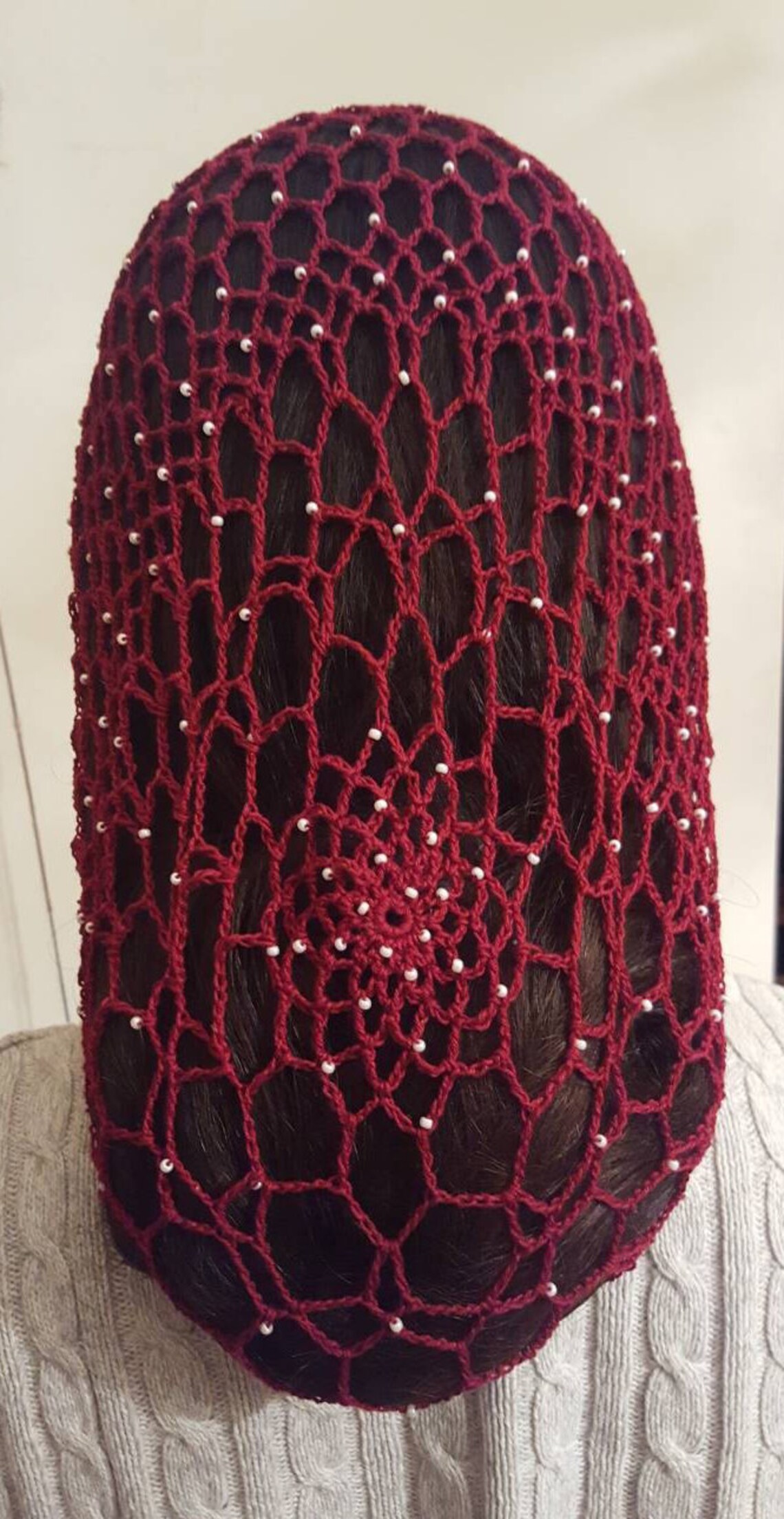 Crochet Glass Pearl Beaded Burgundy Cotton Snood, Renaissance, Vintage ...