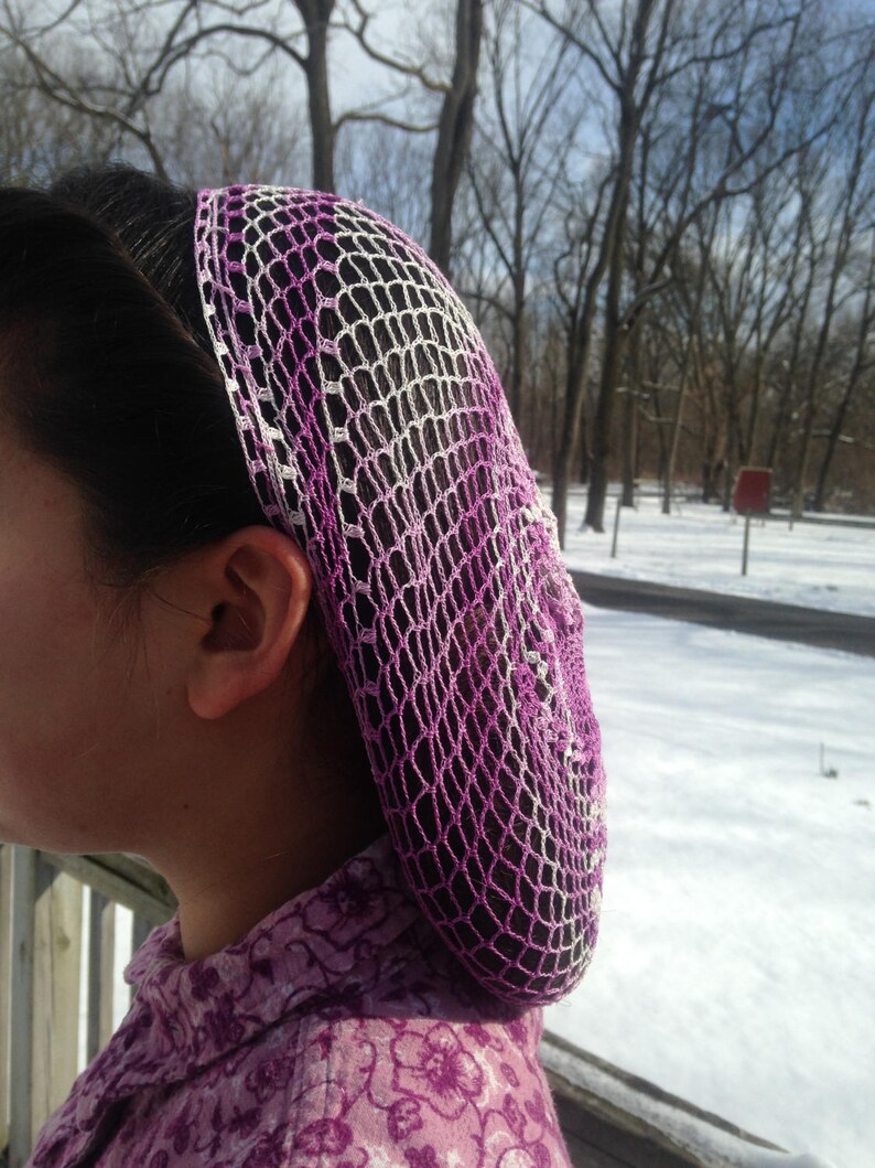 Lace Violet Cotton Snood, Purple & White Flower, Headcovering, Hair Net ...