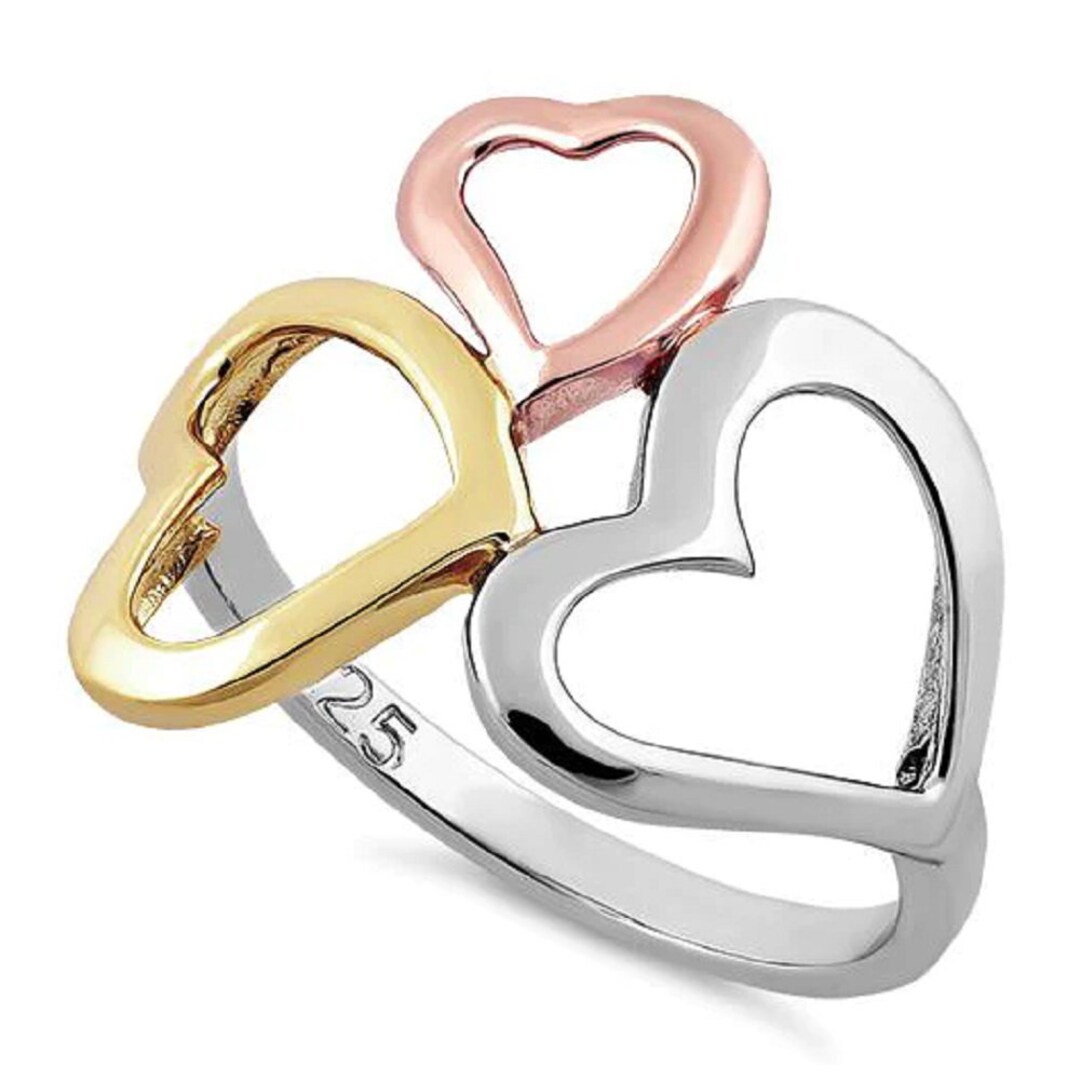 Sterling Silver Family Love Triangle Tricolor Hearts Comfort Fit ...