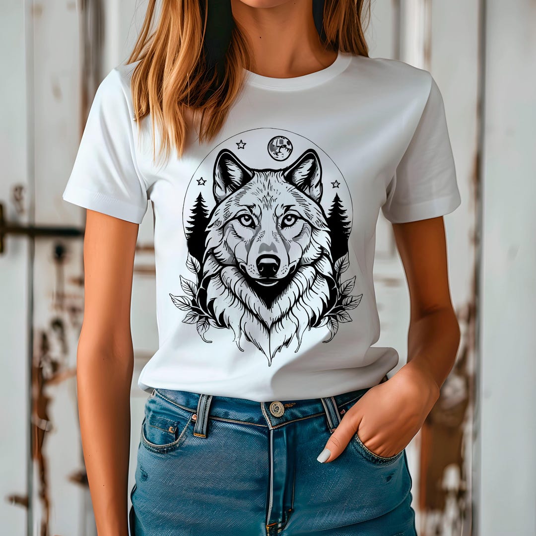 Wolf Clipart, Black White Forest Animal Design, Moon and Stars ...