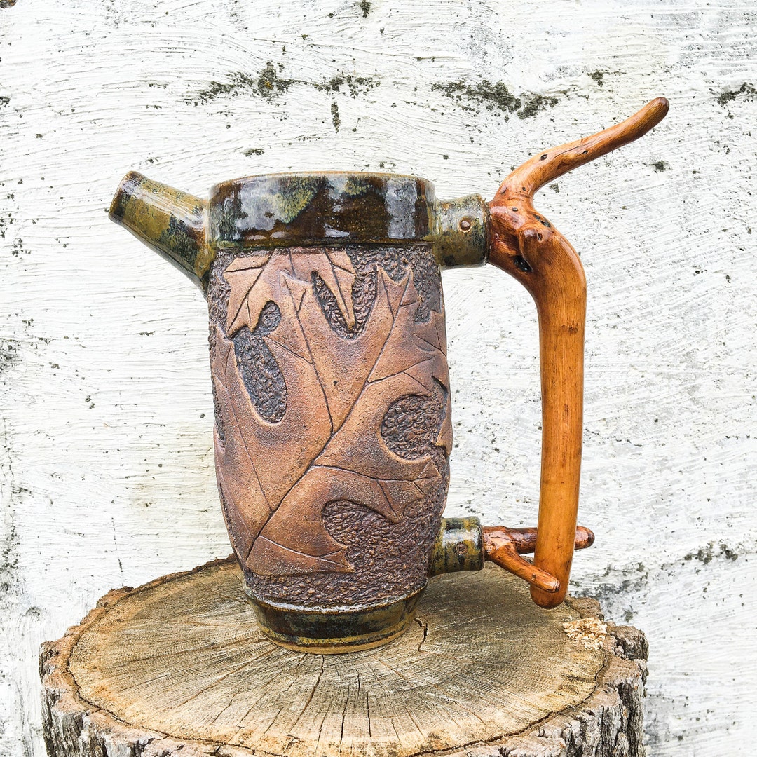 Wooden Handled Pitcher - Ceramic Pitcher - Carved Pitcher - Wood Handle ...