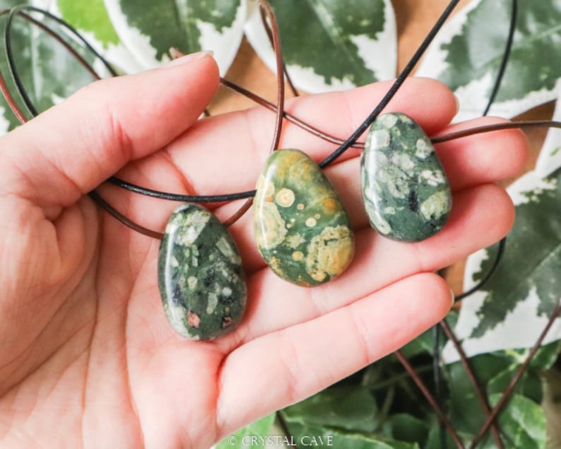 Rhyolite Necklace Pendant / Rainforest Jasper Drilled Stone Polished ...
