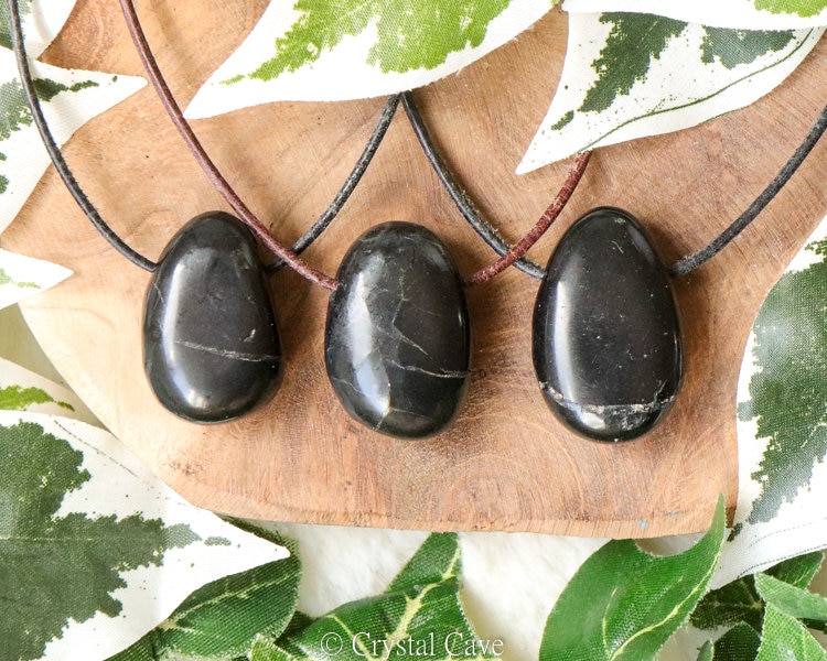 Shungite Necklace Pendant / Drilled Stone Polished Crystal Jewelry Oval ...