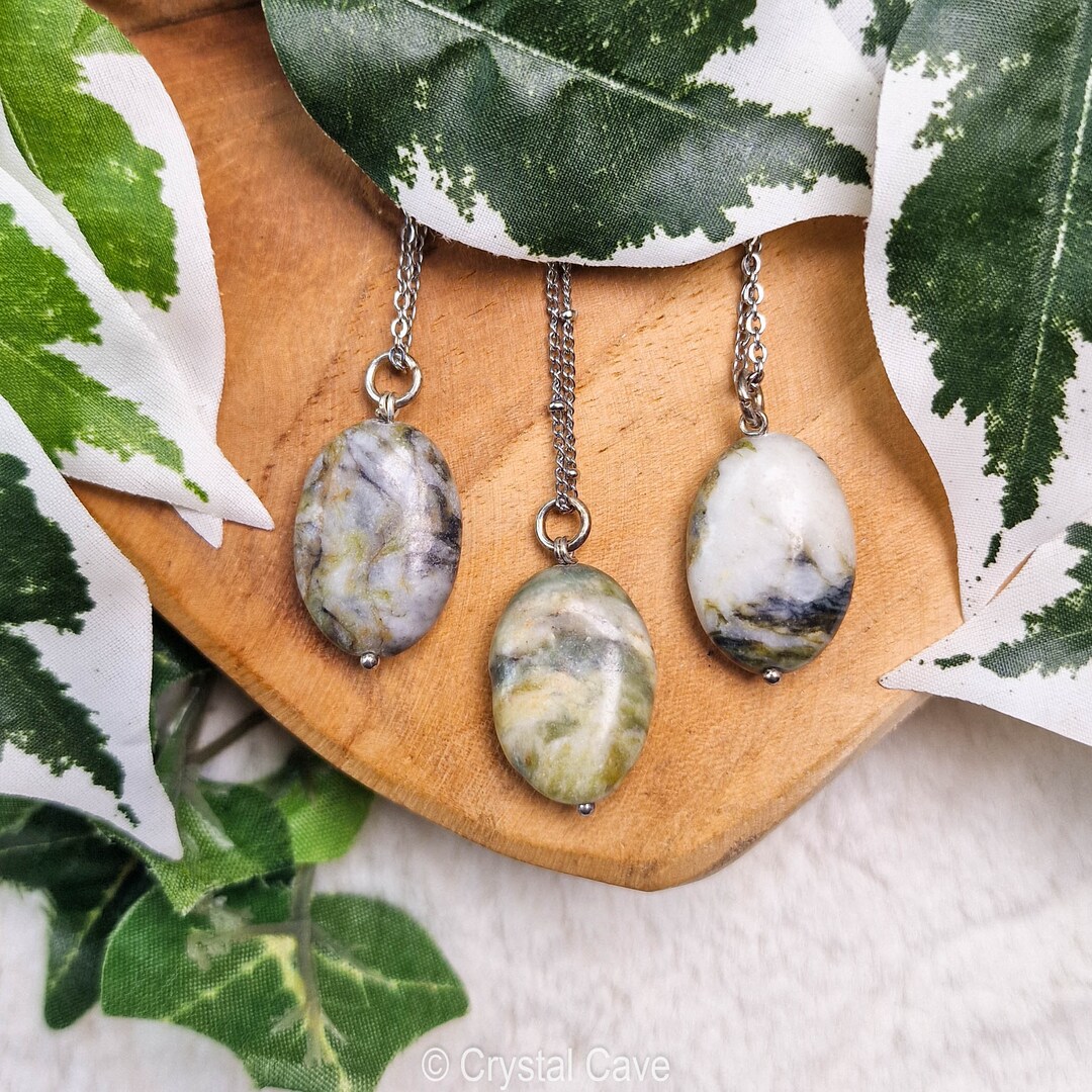 Greenlandite Pendant Necklace - Silver Plated Eye Ring Raw Stone ...