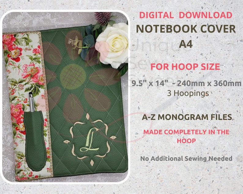 ITH A4 Notebook Cover, Monogram Machine Embroidery File, Gift, Initial ...