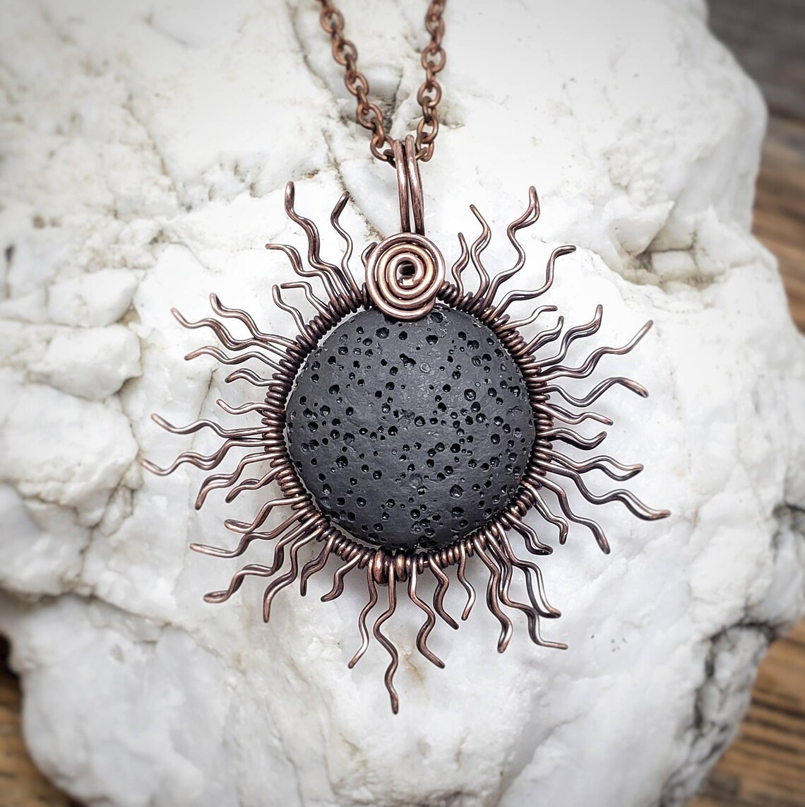 Solar Eclipse Pendant, Copper Wire Sun, Black Lava Bead, Wire Wrapped ...