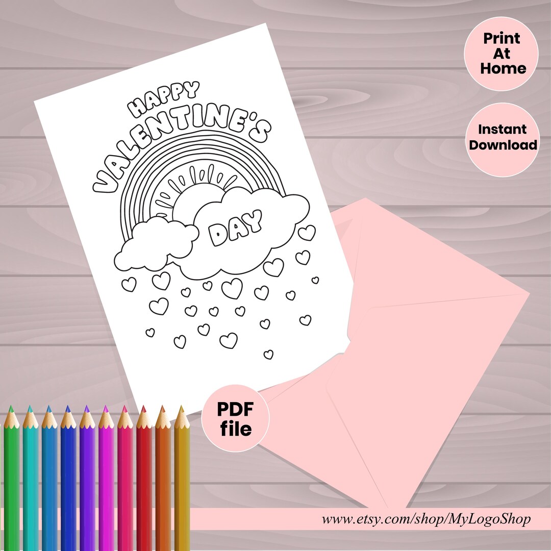 Valentine Printable Card, Kids Coloring Happy Valentines Greeting Card ...