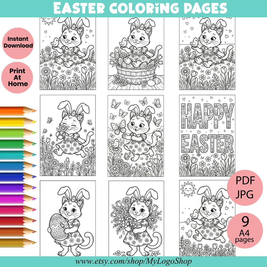 Easter Cat With Bunny Ears Coloring Pages Kids Printable PDF, Spring ...