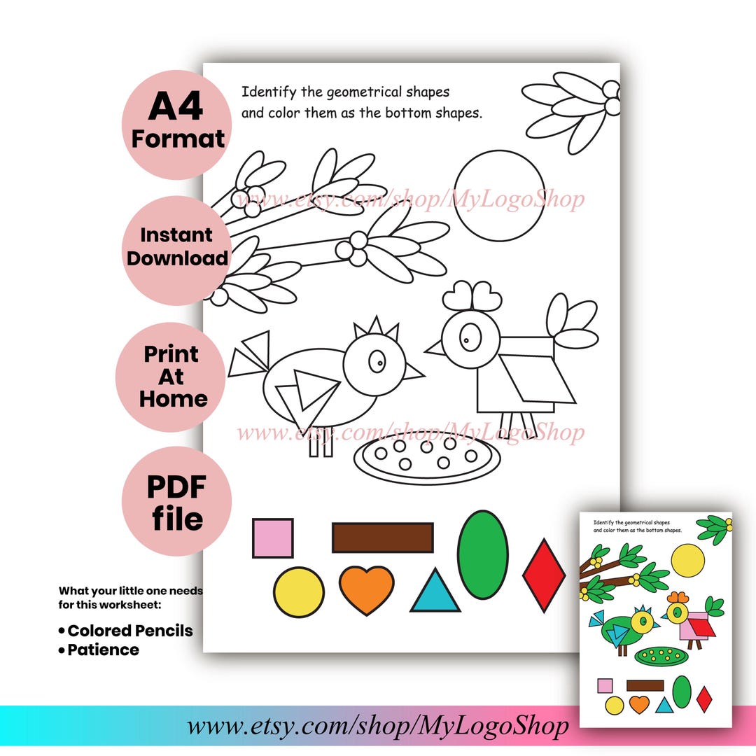 Preschool Shapes & Colors Worksheet: Fun Learning Activity (PDF) - Etsy