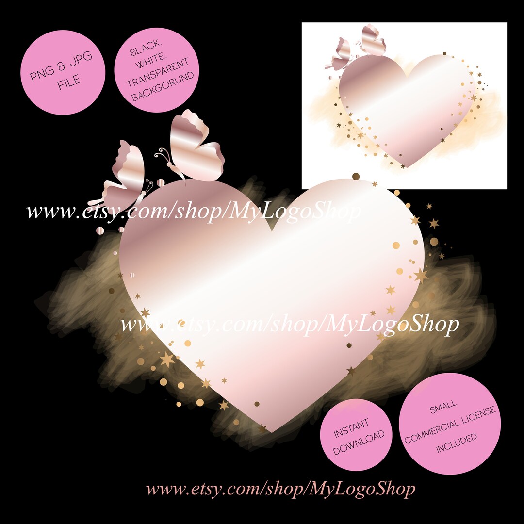 Valentine PNG Instant Download, Rose Gold Butterflies Heart Clipart ...
